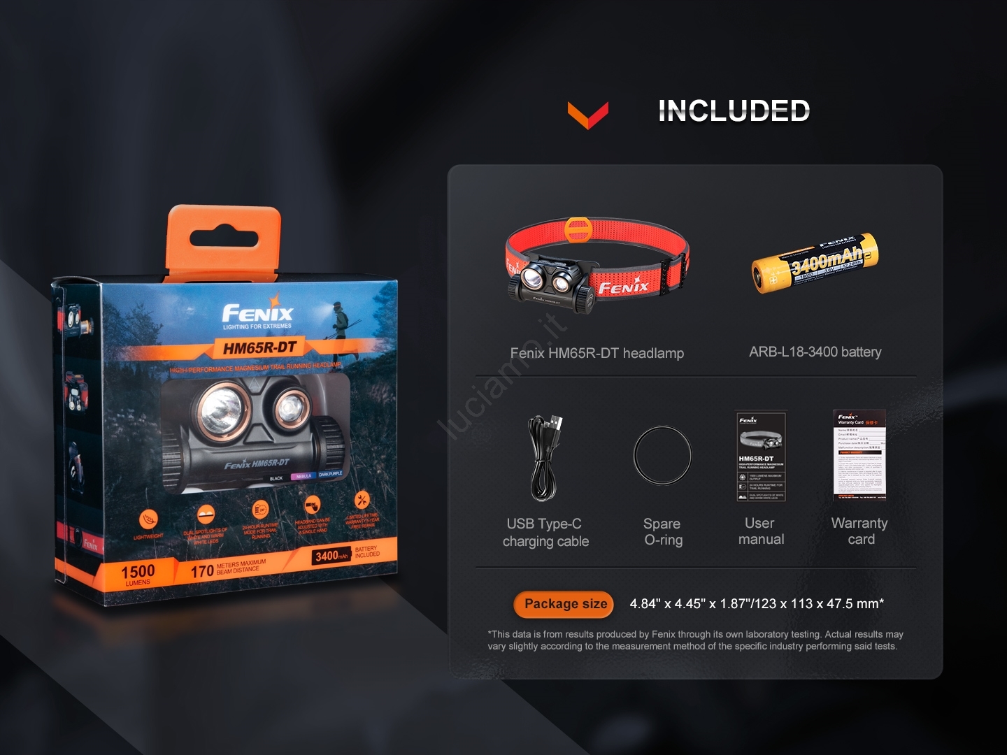 Fenix HM65RDTPRP - Lampada frontale LED ricaricabile LED/USB IP68 1500 lm 300 h viola/nero | Luciamo