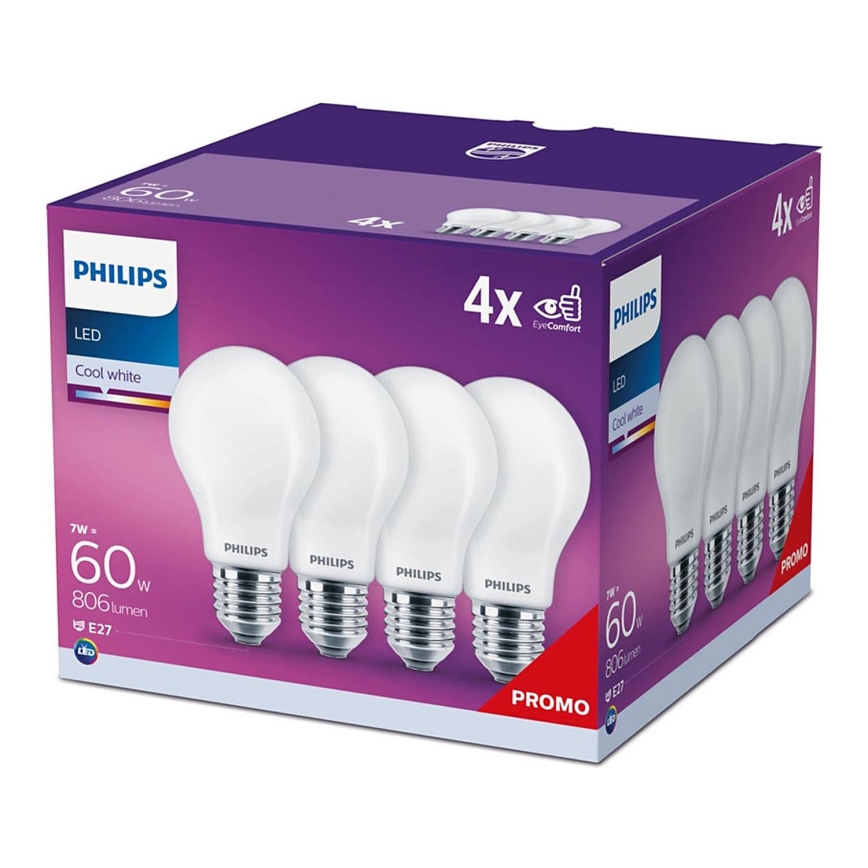 SET 4 lampadine LED Philips A60 E27/7W/230V 4000K | Luciamo